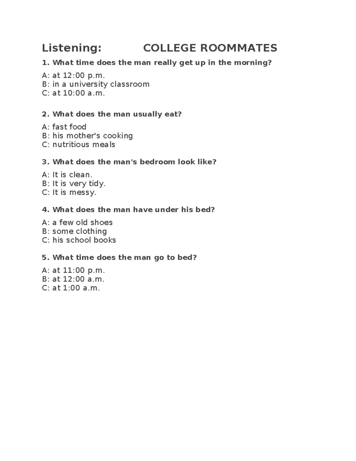 Listening College roommates and leisure activities - Listening: COLLEGE ...
