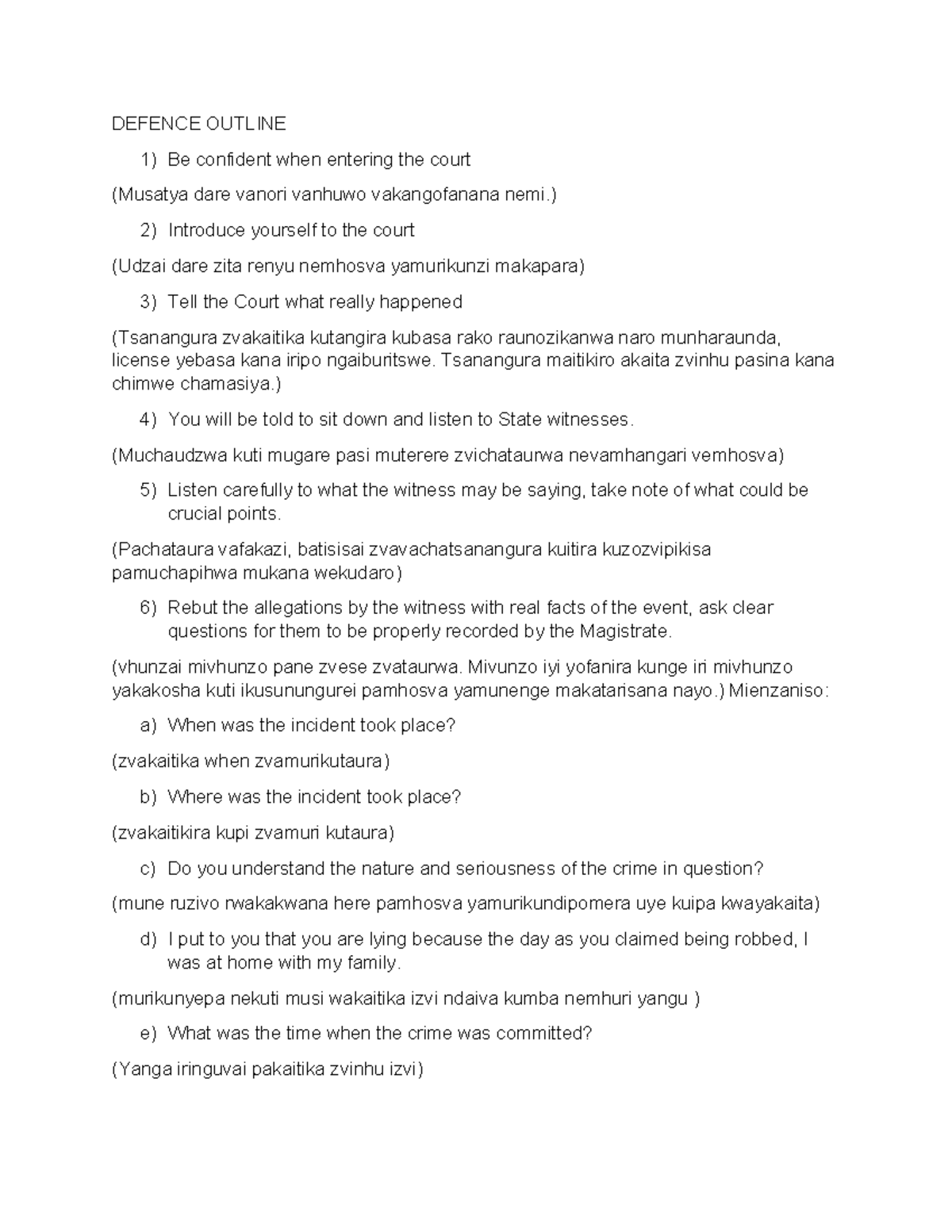 Defence Outline - good - DEFENCE OUTLINE Be confident when entering the ...