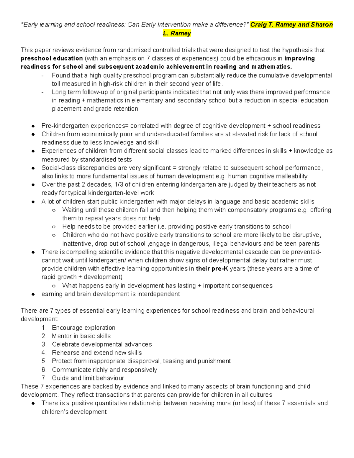 Child development assessable reading summary - “Early learning and ...