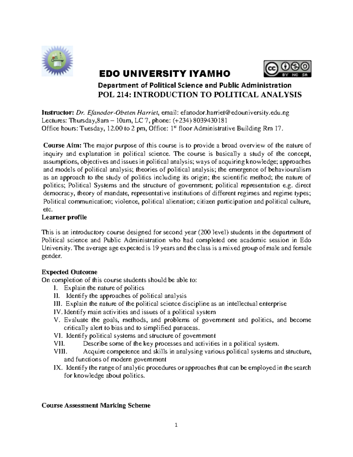 Introduction to political analysis - cw fs 2018 2019 - EDO UNIVERSITY IYAMHO Department of ...