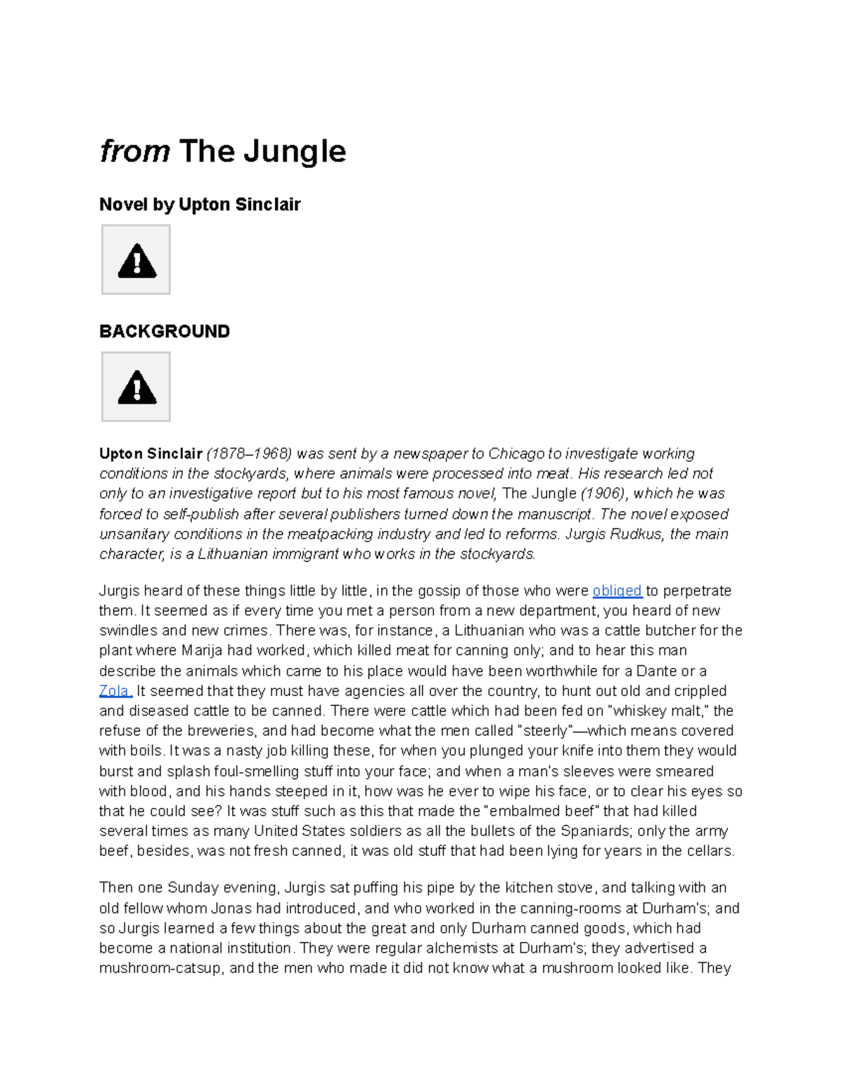 The Jungle Excerpt - from The Jungle Novel by Upton Sinclair BACKGROUND ...