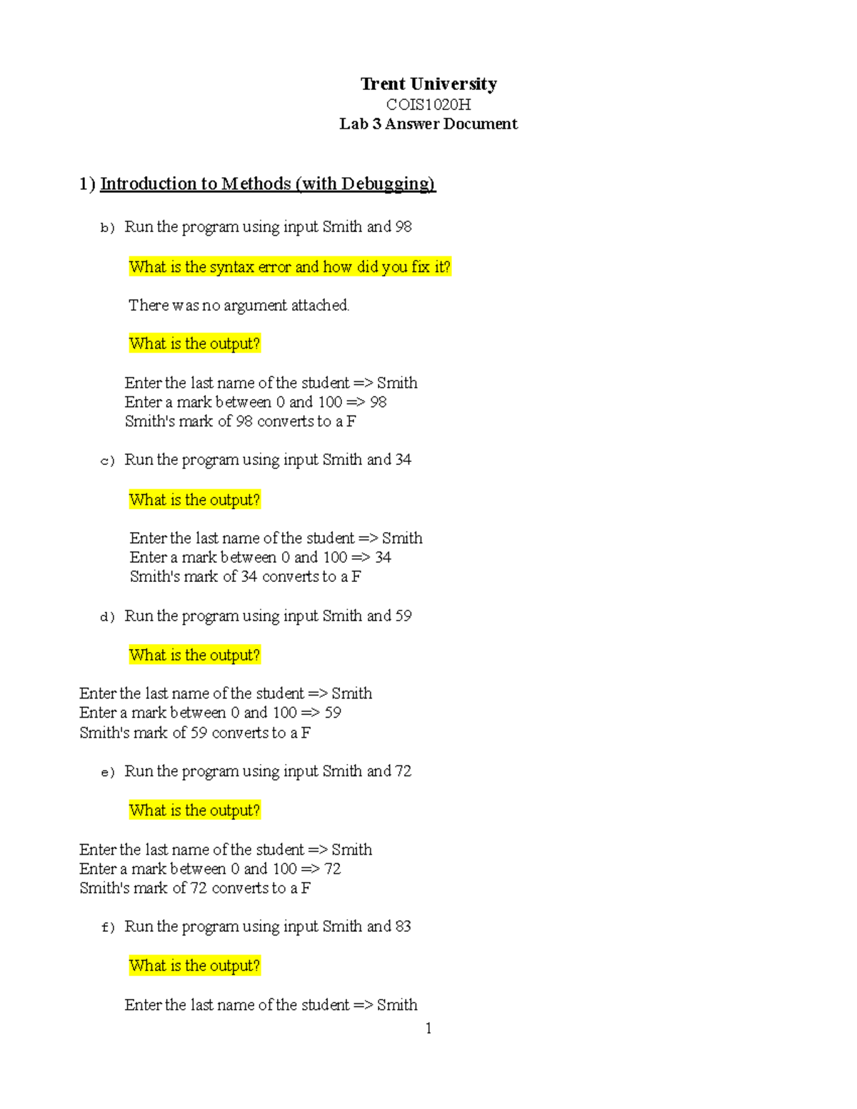 Lab3 ans - Lab 3 answers - Trent University COIS1020H Lab 3 Answer ...