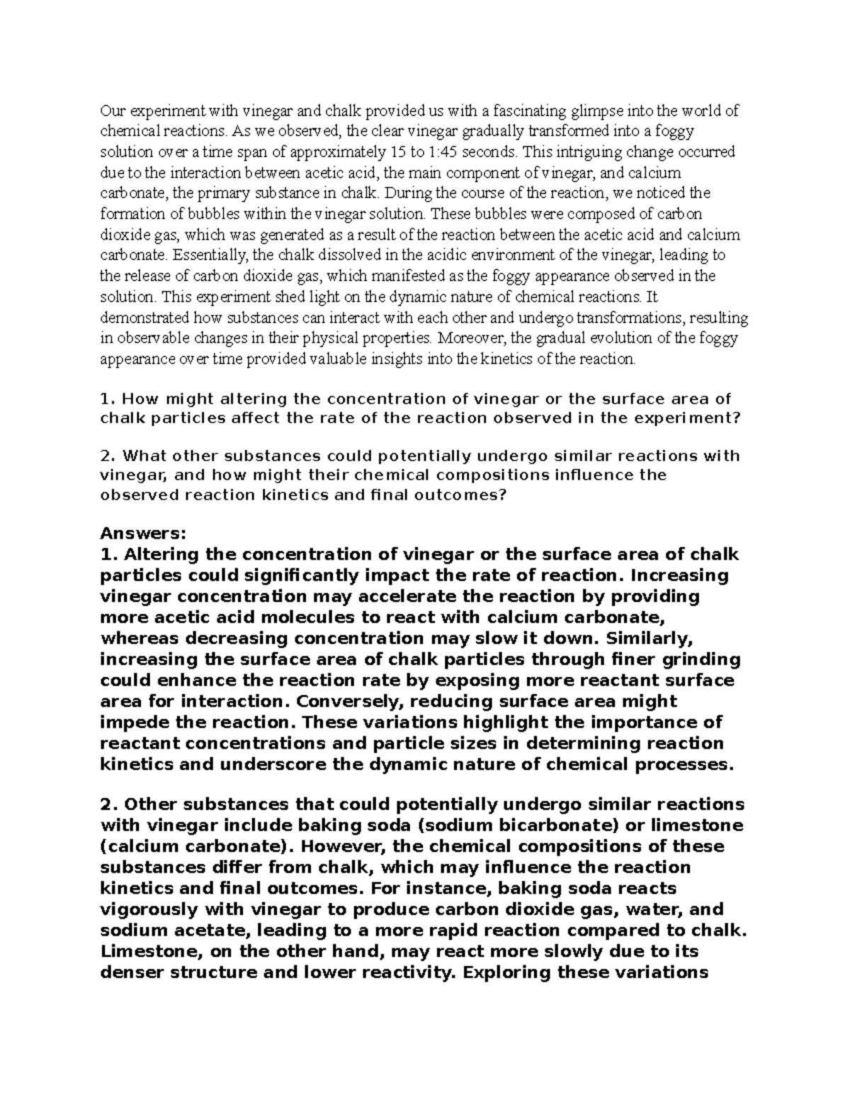 Science analysis - Our experiment with vinegar and chalk provided us ...