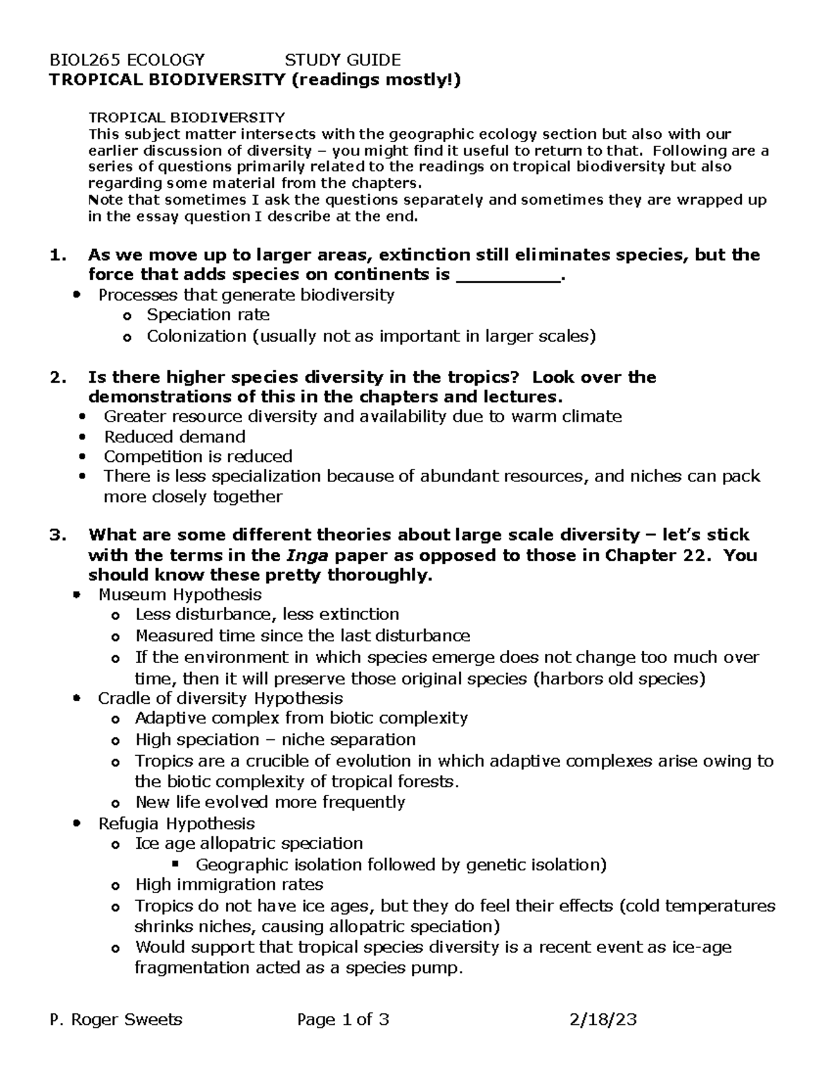 Study Guide Tropical Biodiversity - BIOL265 ECOLOGY STUDY GUIDE TROPICAL BIODIVERSITY (readings ...