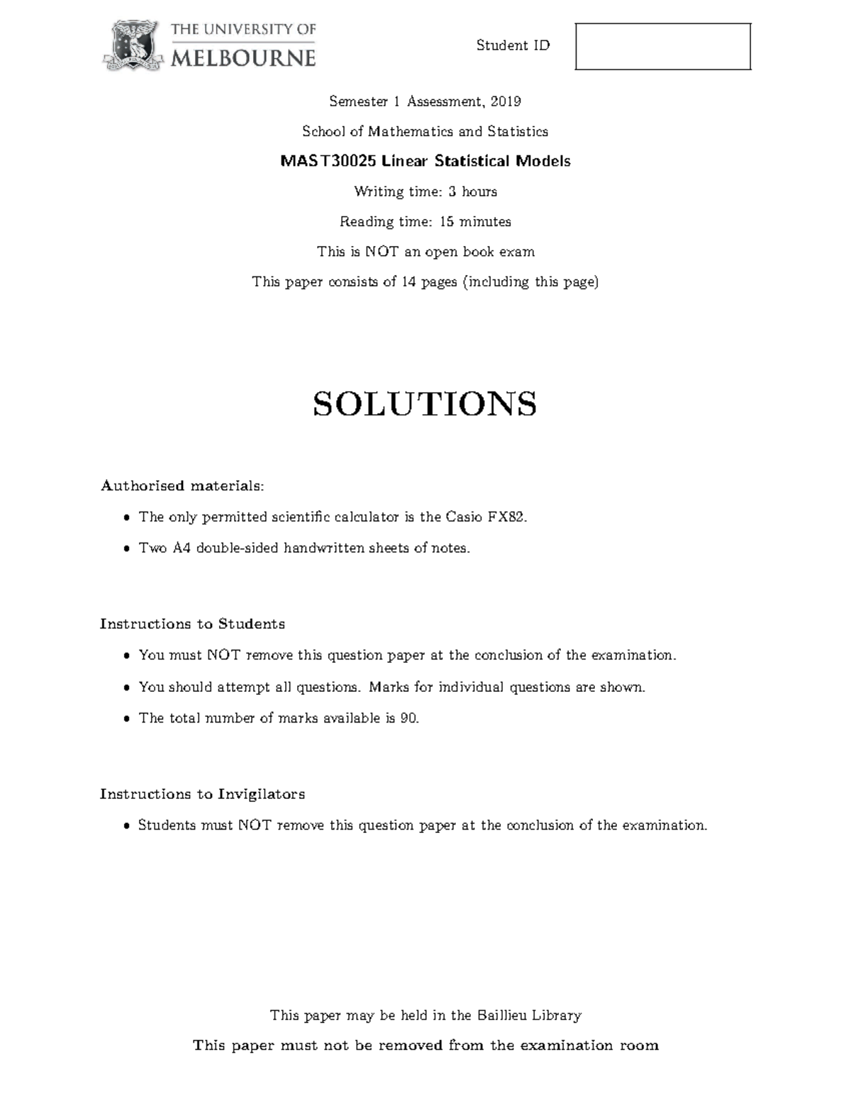 Exam2019 sol - Exam 20219 LSM MAST30025 - Student ID Semester 1 ...