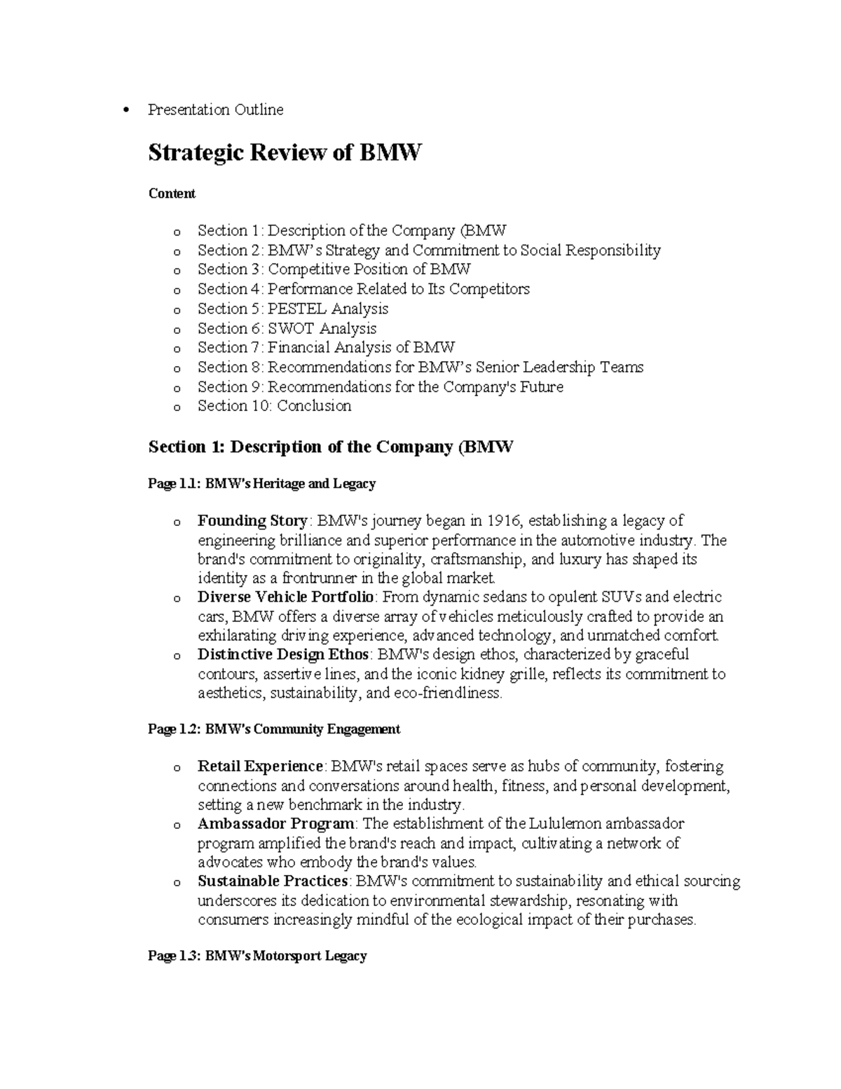BMW PPT Notes - Case study of bmw - Presentation Outline Strategic ...