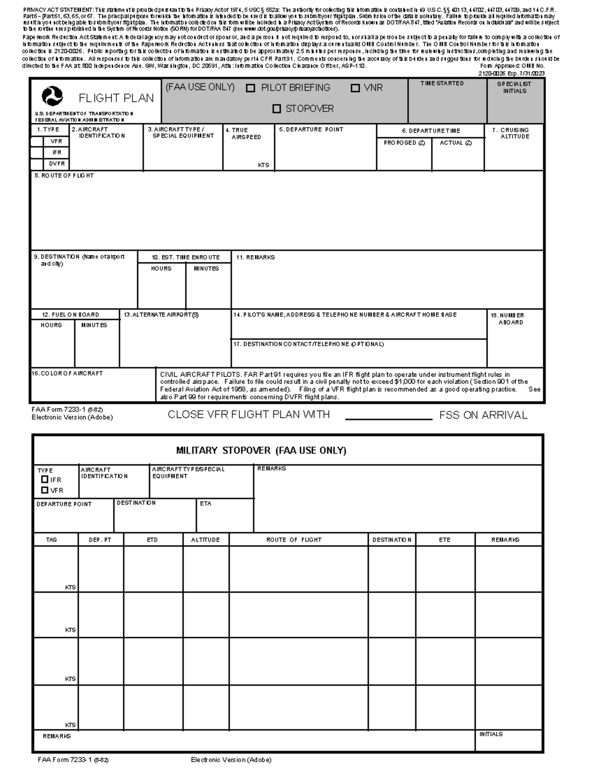 FAA Form 7233-1 Domestic 7 31 23 secured - Form Approved: OMB No. 2120 ...