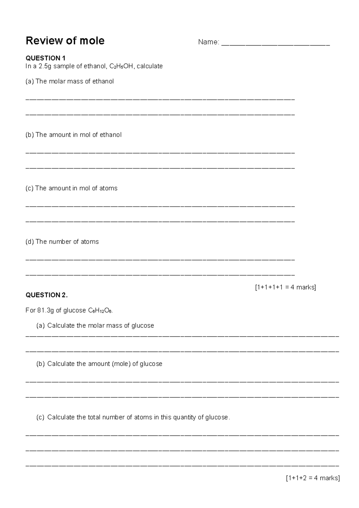 Unit 1 Mole revision - Practice questions - Review of mole Name