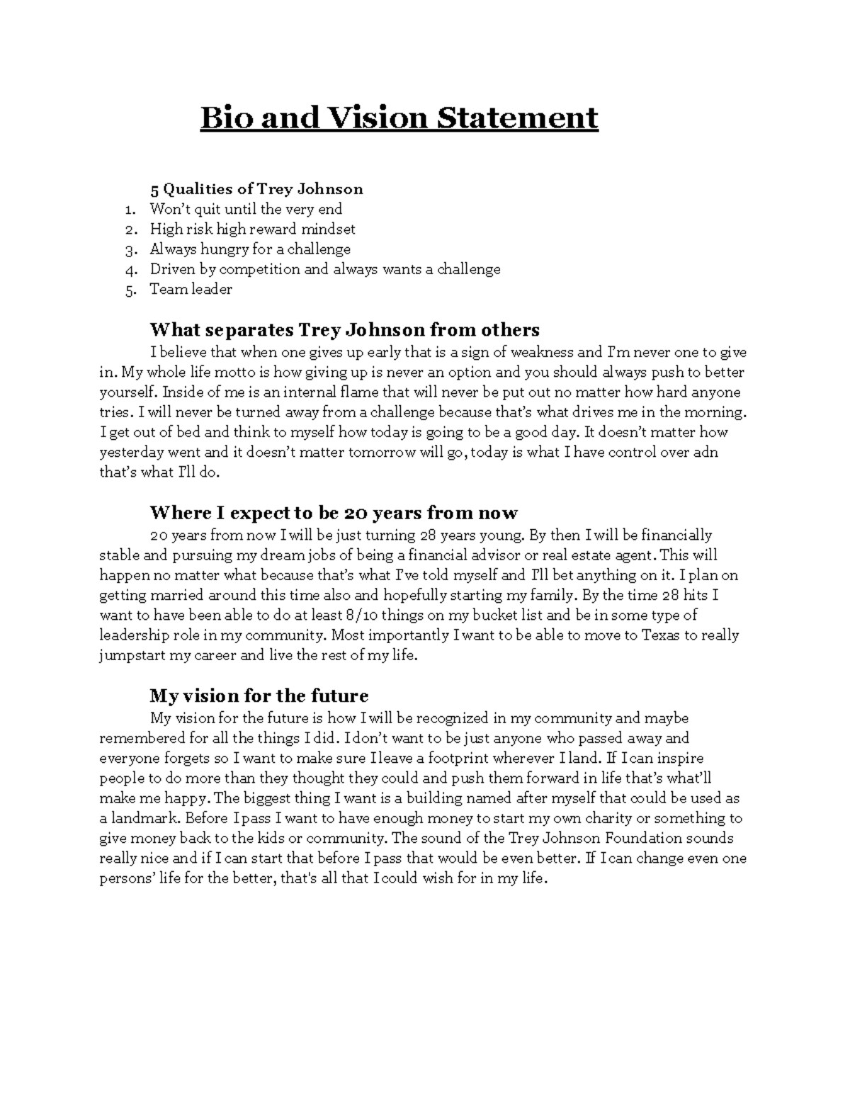Bio and Vision Statement - Studocu