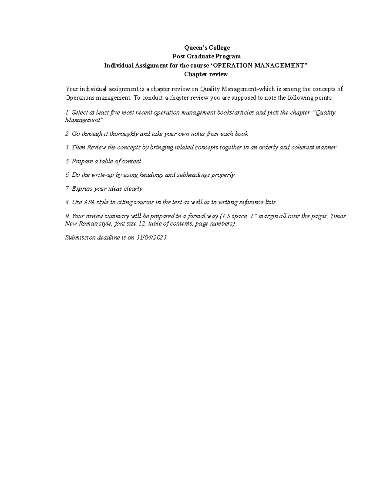 Individual assignment - To conduct a chapter review you are supposed to ...