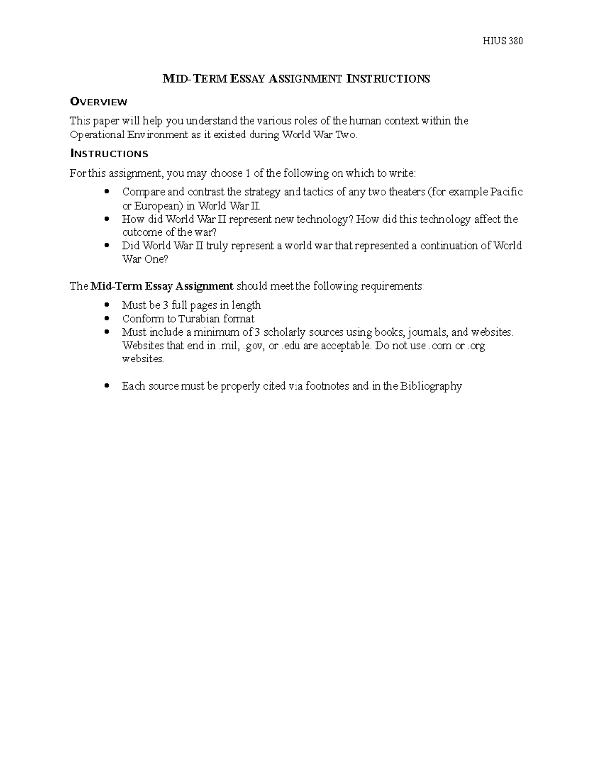 Mid-Term Essay Assignment Instructions - HIUS 380 MID-TERM ESSAY ...