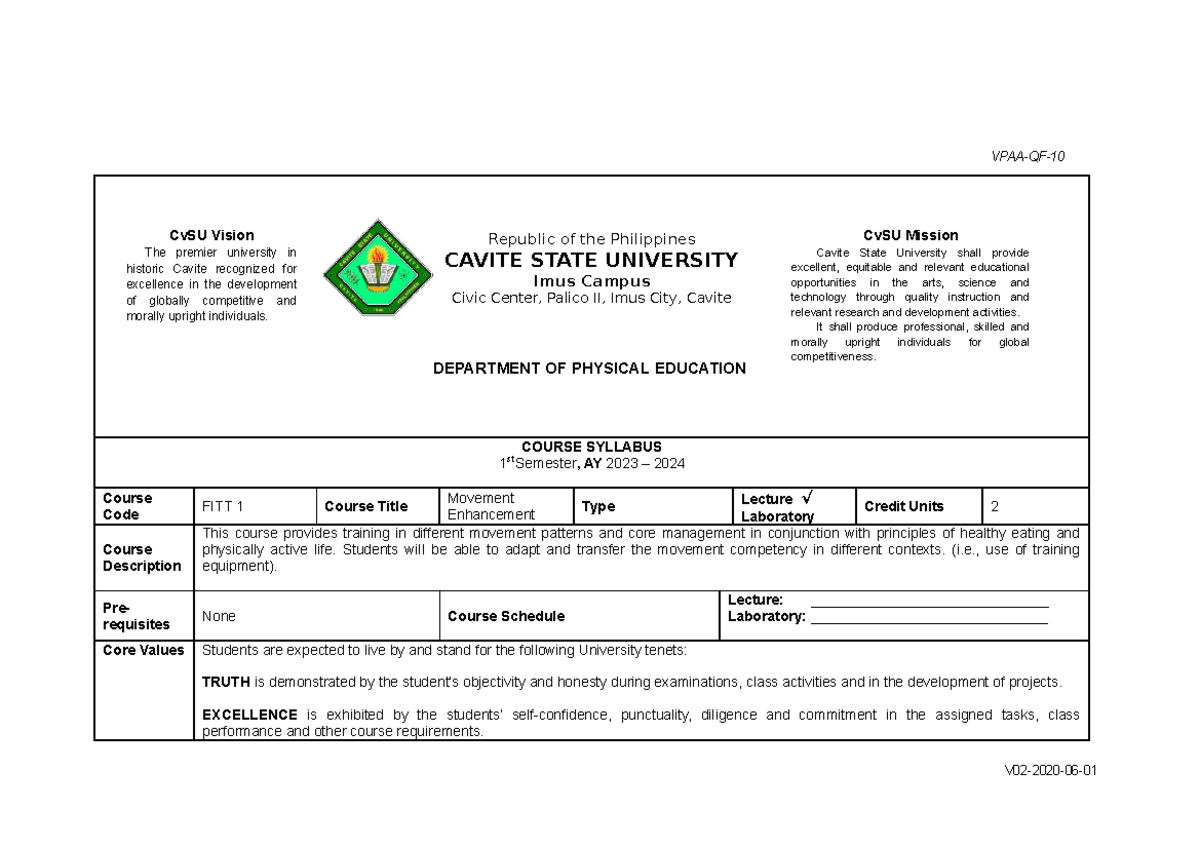 Syllabus FITT 1 2021 BSBM - Republic of the Philippines CAVITE STATE ...