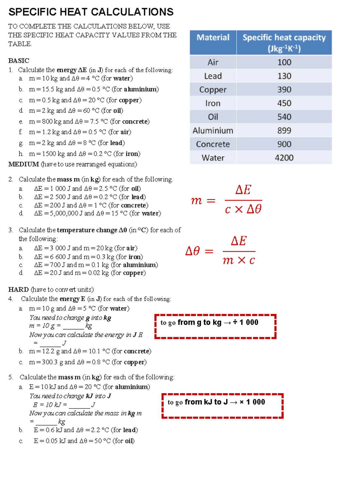 Specific heat capacity worksheet - SPECIFIC HEAT CALCULATIONS TO ...