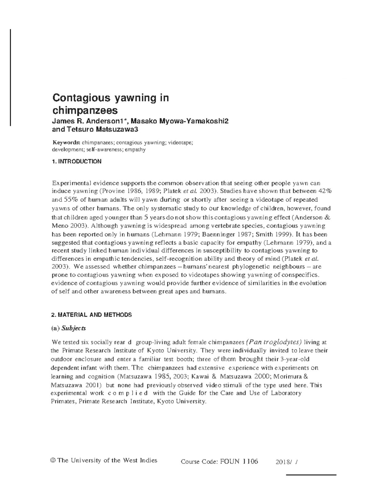 Contagious Yawning in Chimpanzees - © The University of the West Indies ...