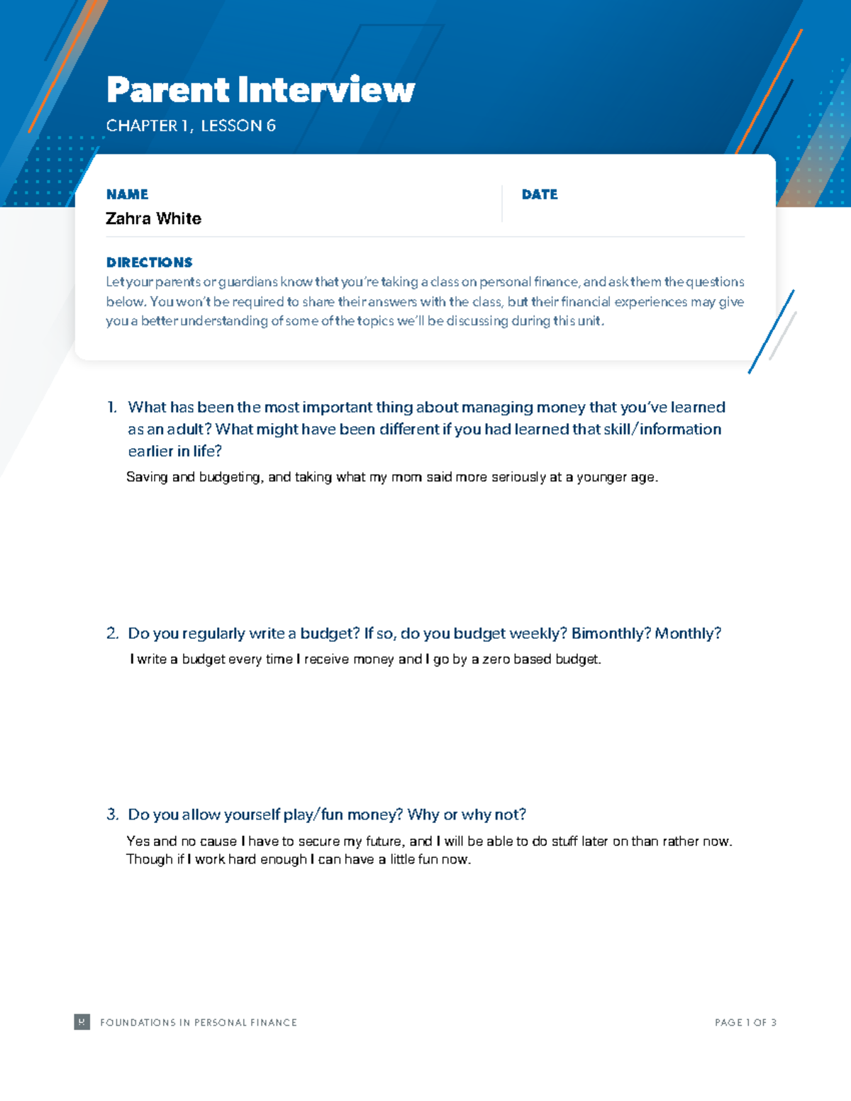 CH1 L6 Parent interview - PAGE 1 O F 3 Parent Interview CHAPTER 1 ...