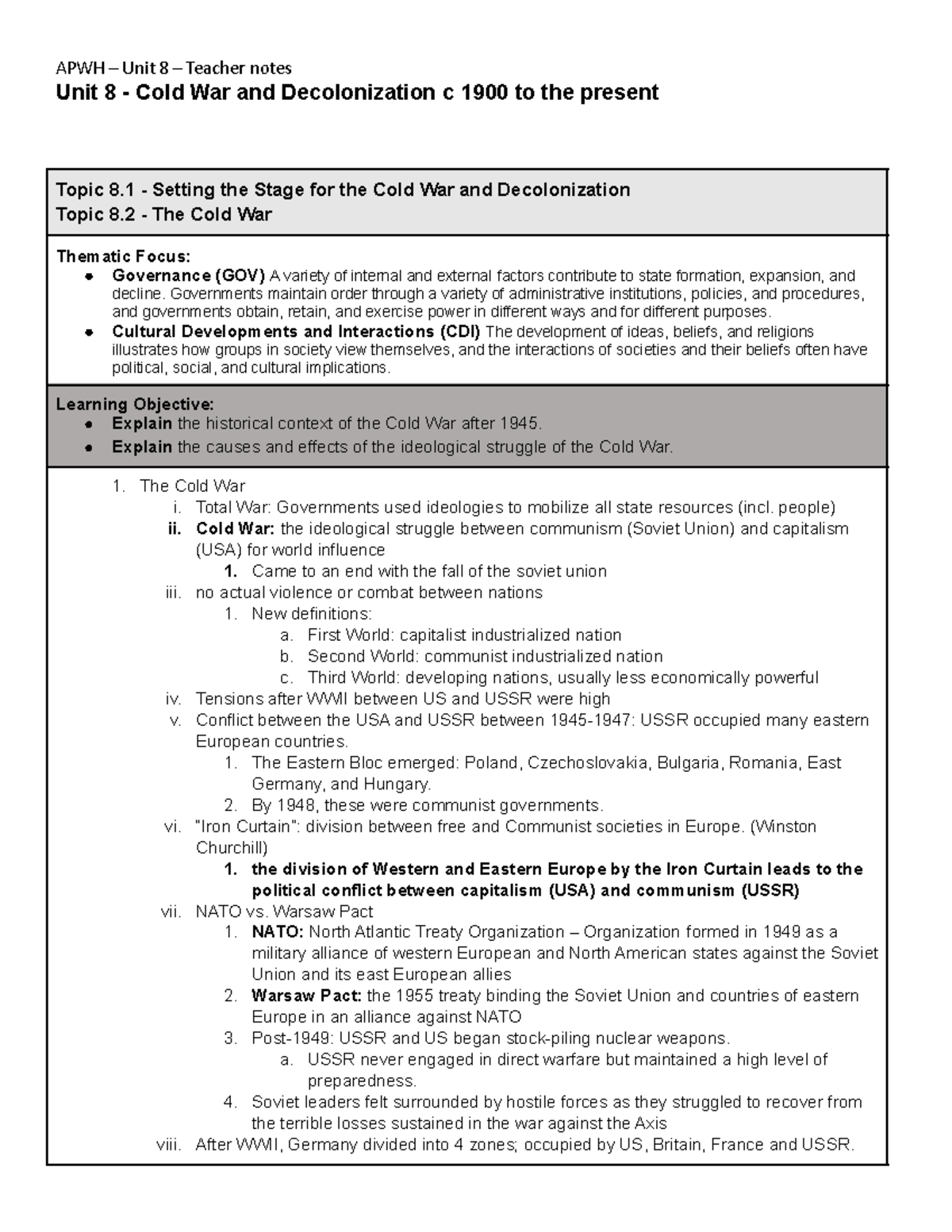 Unit 8 9 notes - hgbhjjkn - Unit 8 - Cold War and Decolonization c 1900 ...