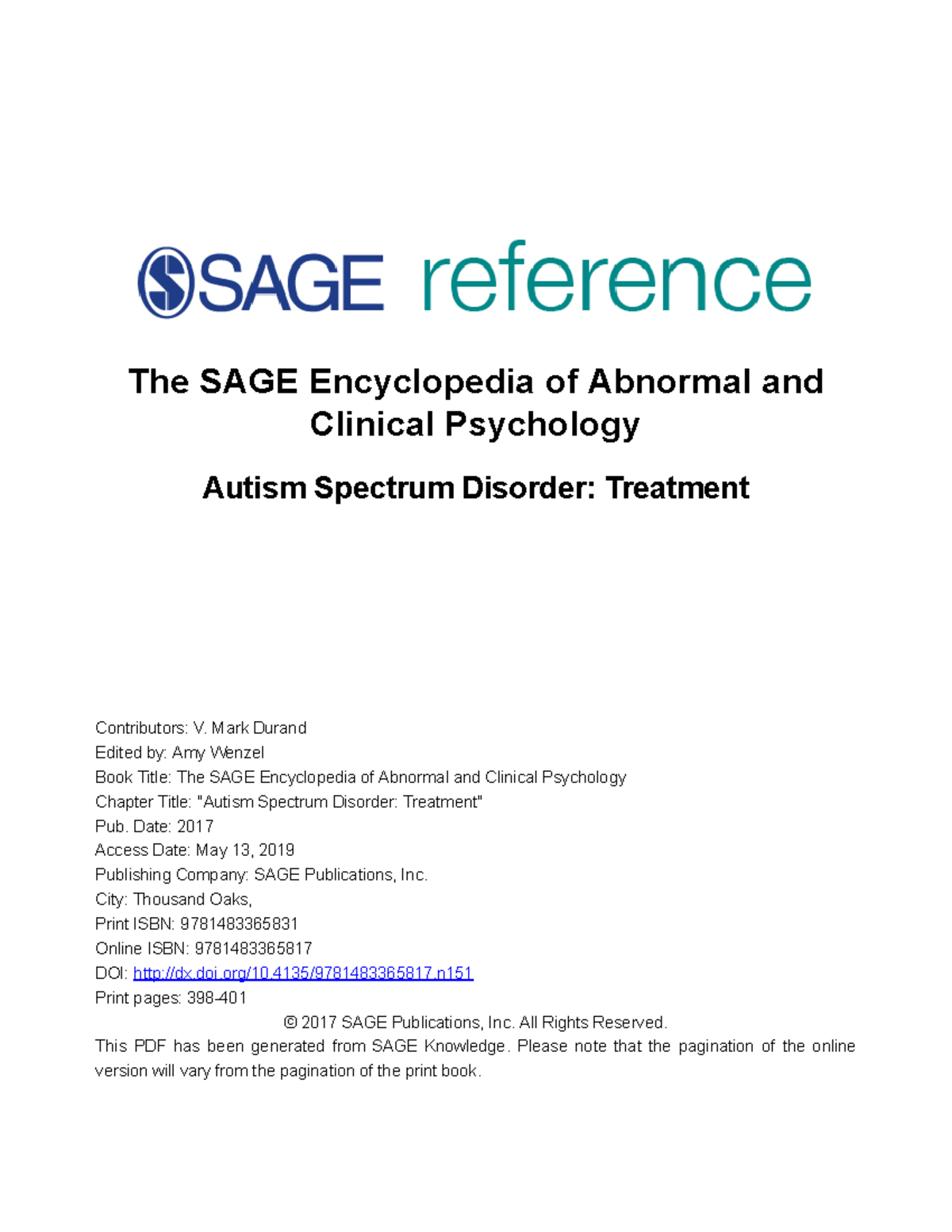 Autism Treatment - sage encyclopedia PDF for guided reading questions ...