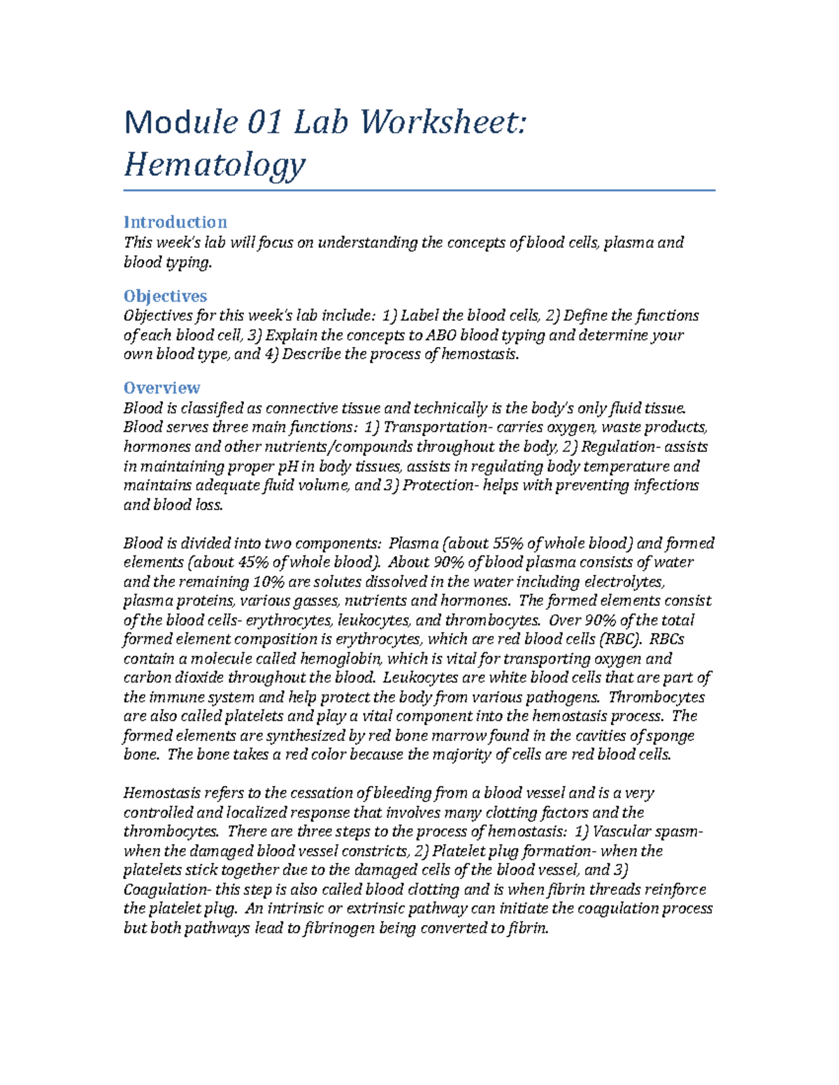 Hepatology - Module 01 Lab Worksheet: Hematology Introduction This lab ...