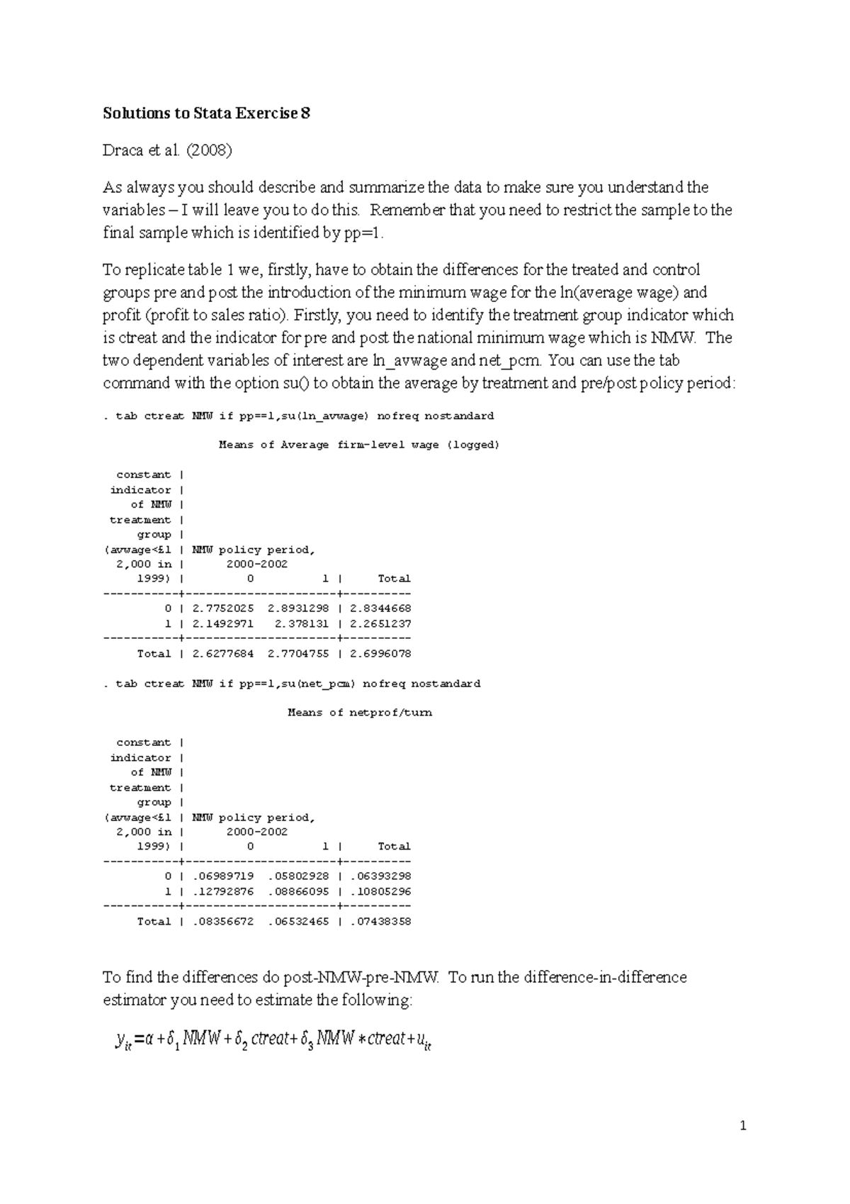 Solutions to Stata Exercise 8 - (2008) As always you should describe and summarize the data to ...
