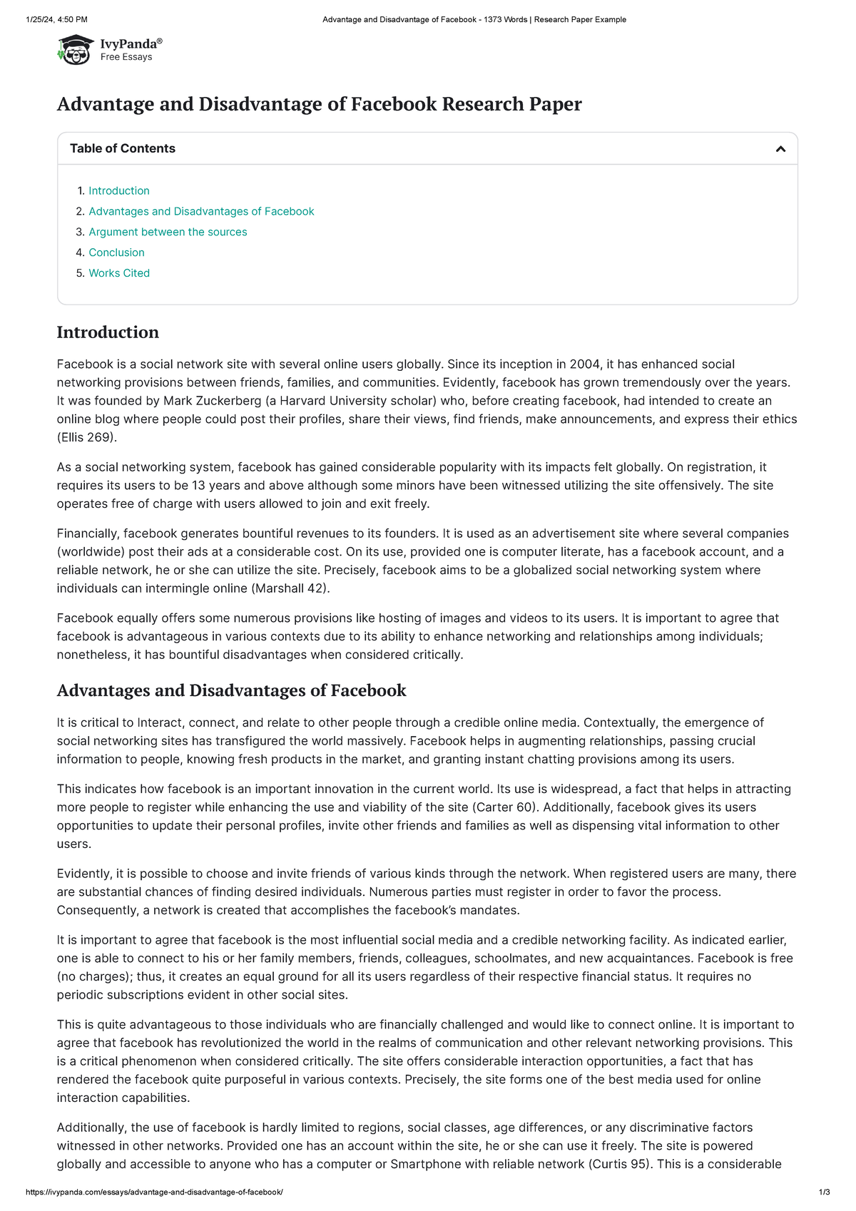 Advantage and Disadvantage of Facebook - 1373 Words Research Paper ...