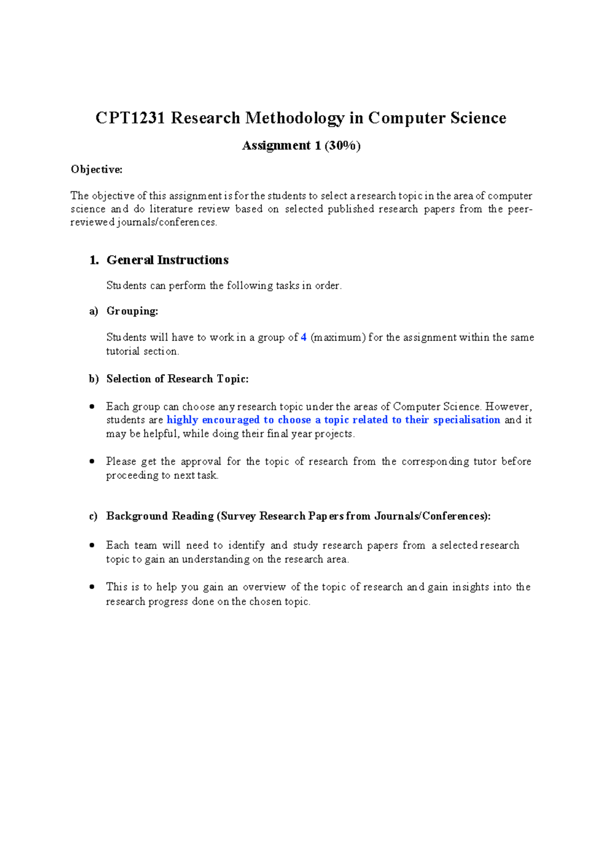 Assignment 1(2024) - CPT1231 Research Methodology in Computer Science Assignment 1 (30% ...