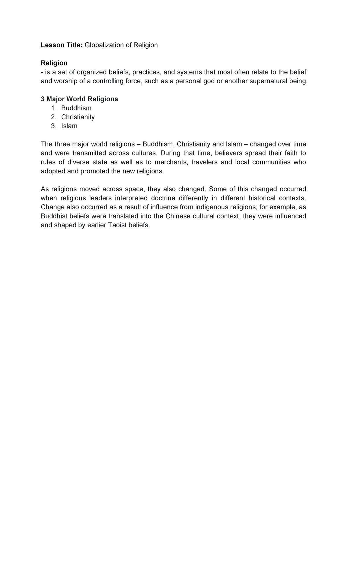 Globalization of Religion - Lesson Title: Globalization of Religion ...