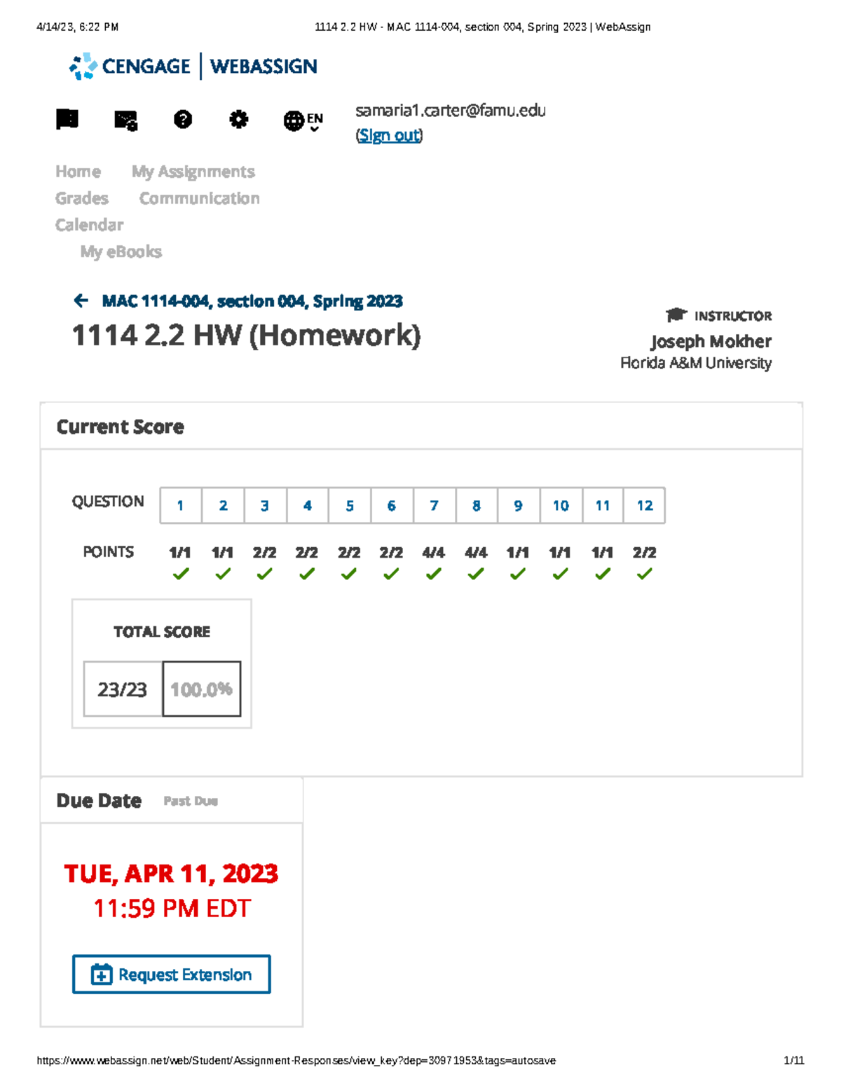 2.2 HW - Webassign Assignment - EN samaria1@famu (Sign out) MAC 1114-004, section 004, Spring ...