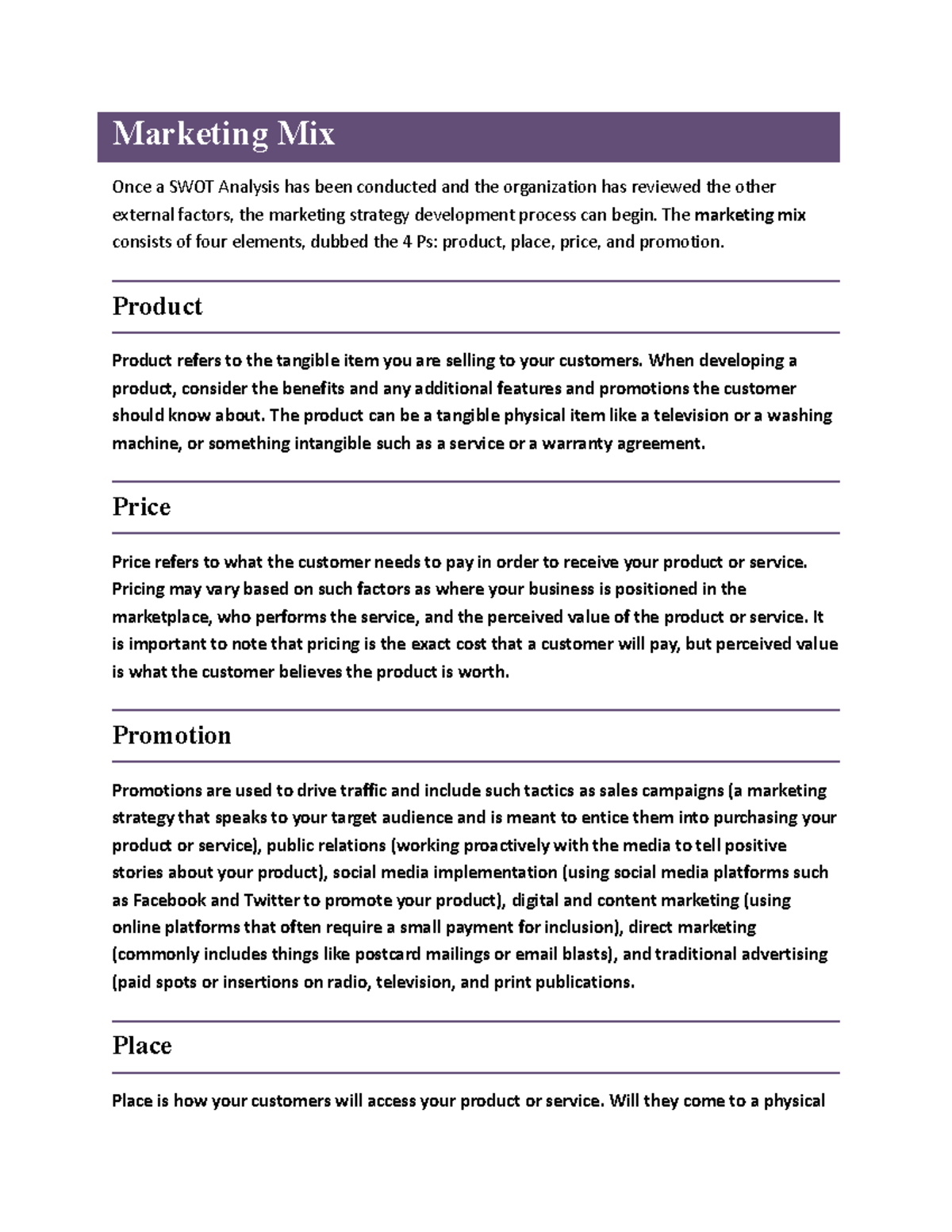 MKT315-Ch. 1 notes 2 book - Marketing Mix Once a SWOT Analysis has been ...
