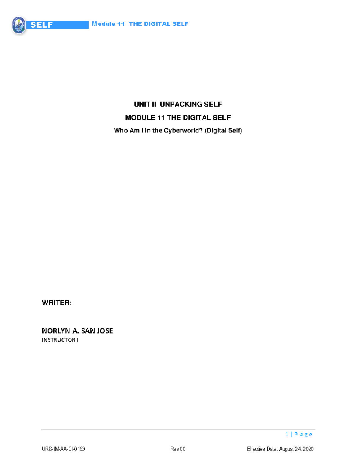 UTS- Module-11 - UTS - 1 | P a g e Module 11 THE DIGITAL SELF ...