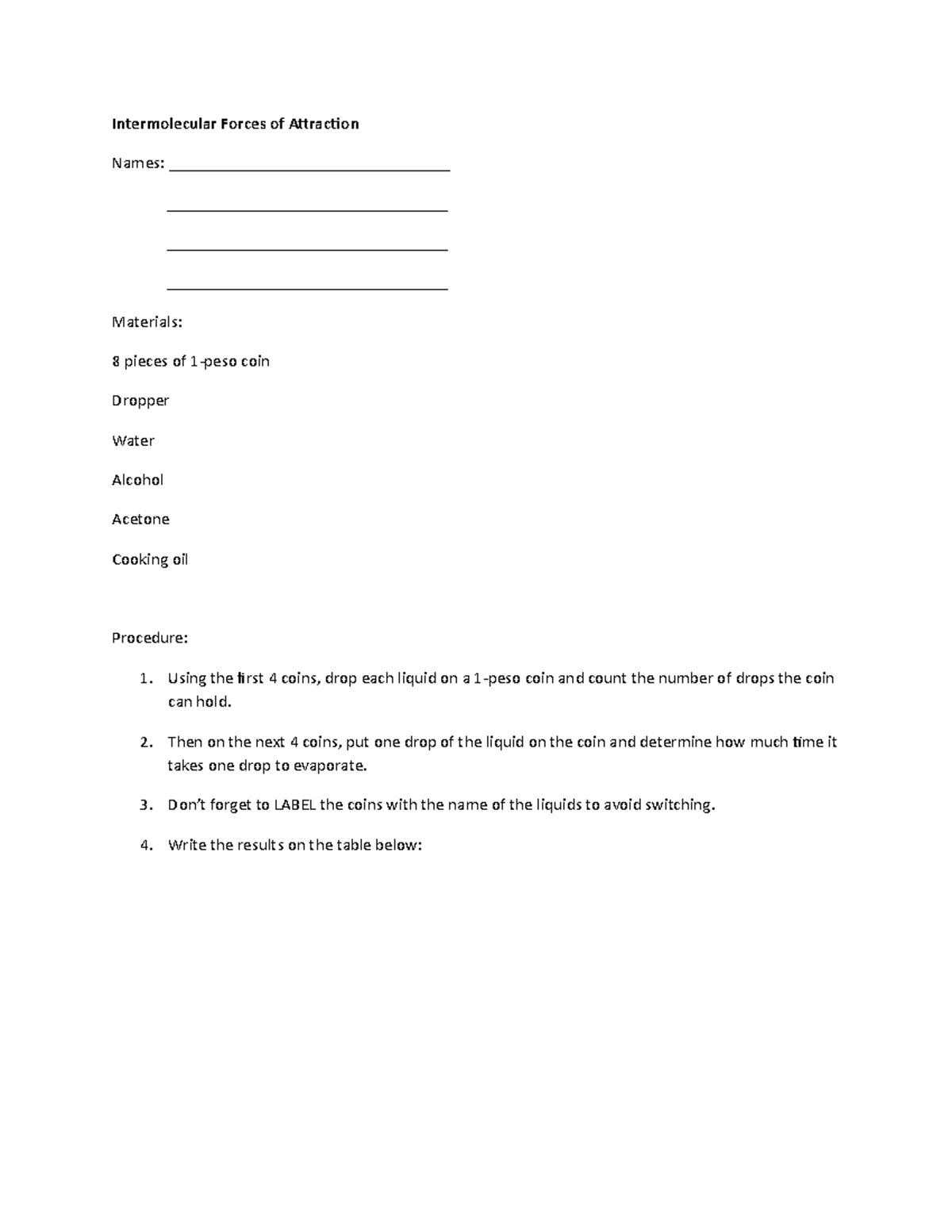 Intermolecular Forces of Attraction - Using the first 4 coins, drop ...