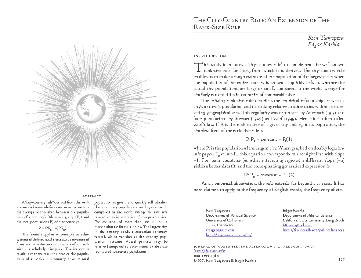 The City-Country Rule - An Extension of the Rank Size Rule - 157 The ...