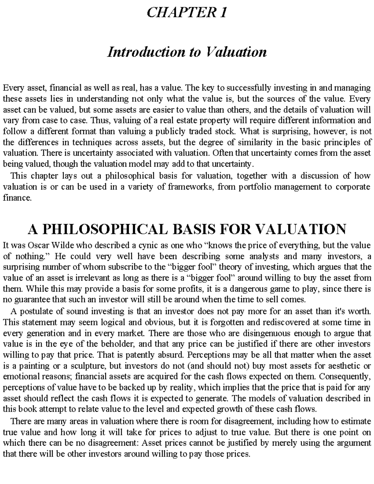 Investment Valuation - CHAPTER 1 Introduction to Valuation Every asset ...