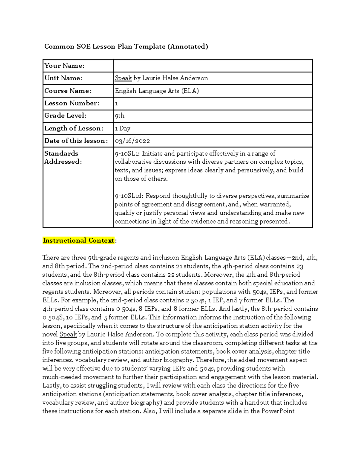 Speak Lesson Plan - Common SOE Lesson Plan Template (Annotated) Your ...