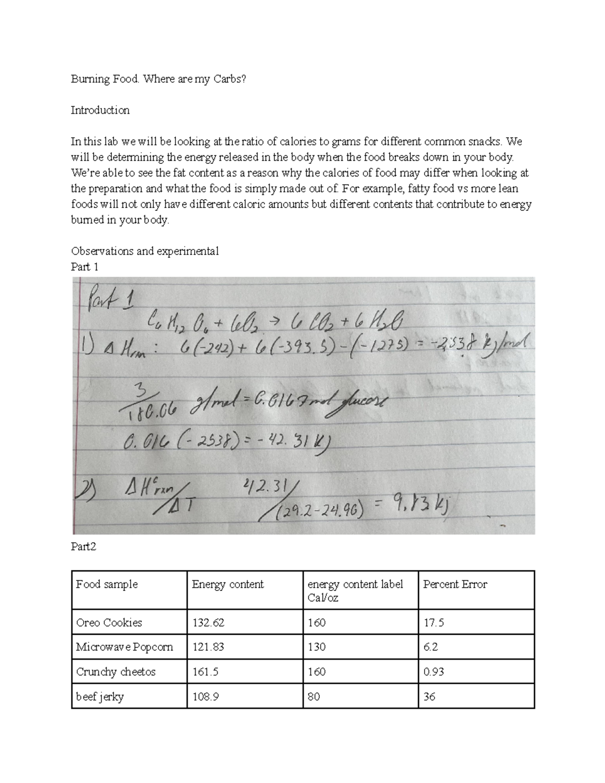 Lab 18 report chem 106 - Burning Food. Where are my Carbs? Introduction ...