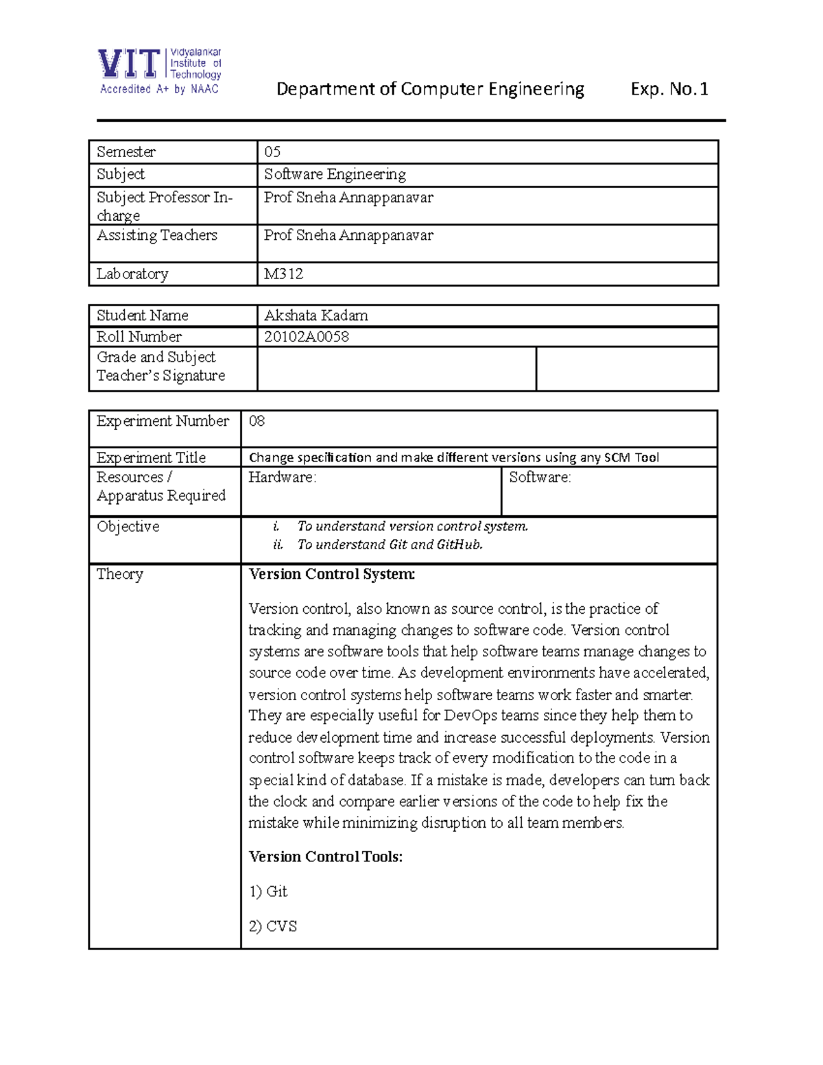Exp-1 - ftdt - Department of Computer Engineering Exp. No. Semester 05 ...