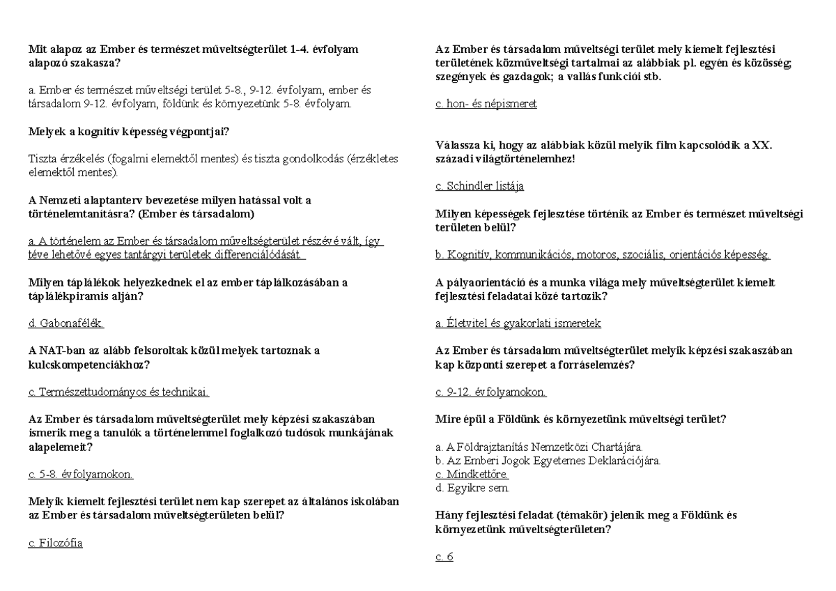 Exam 2014, questions and answers - Mit alapoz az Ember és természet műveltségterület 1-4 ...
