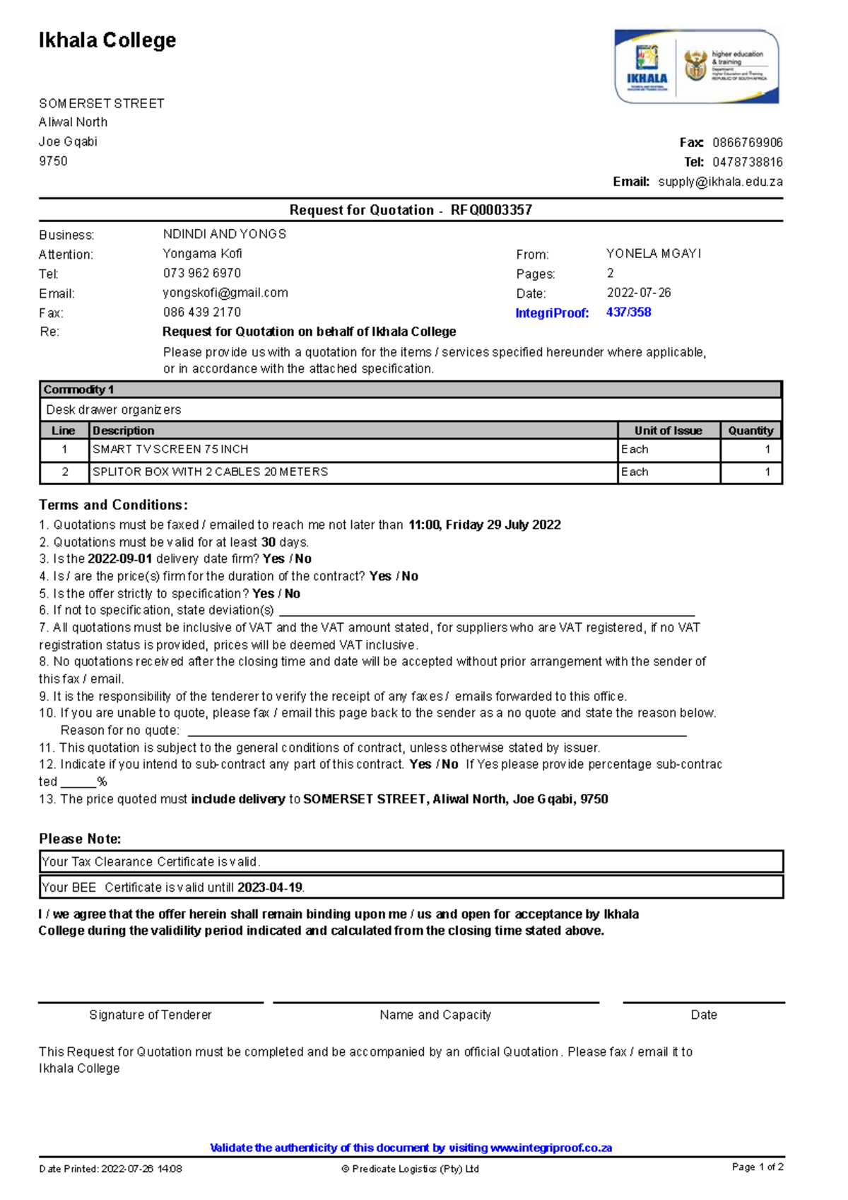 RFQ Invitation RFQ0003357 2022 07 26 - Tel: 0478738816 Fax: 0866769906 ...