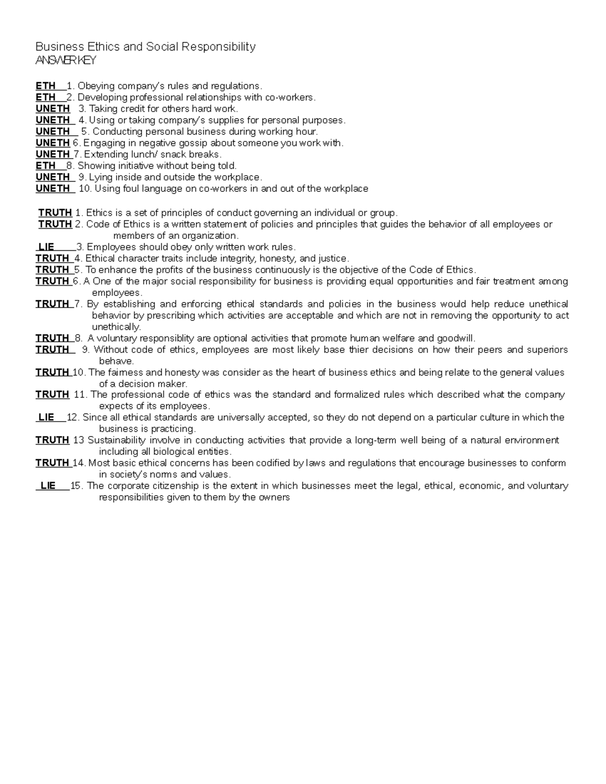 Ethics Answer Key- This would be a big help to all students. - Business ...