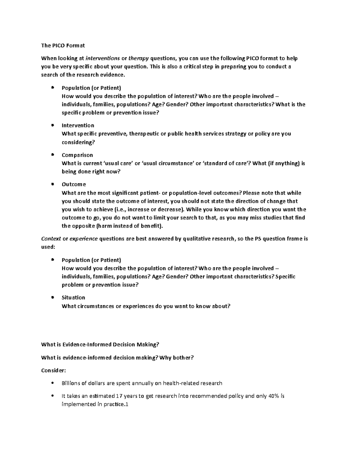 Module - One of the research portions - The PICO Format When looking at ...