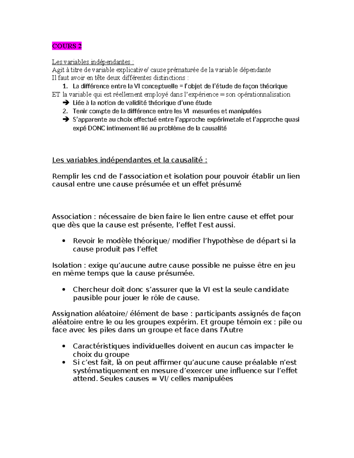 Notes manuel exam 1 - COURS 2 Les variables indépendantes : Agit à ...