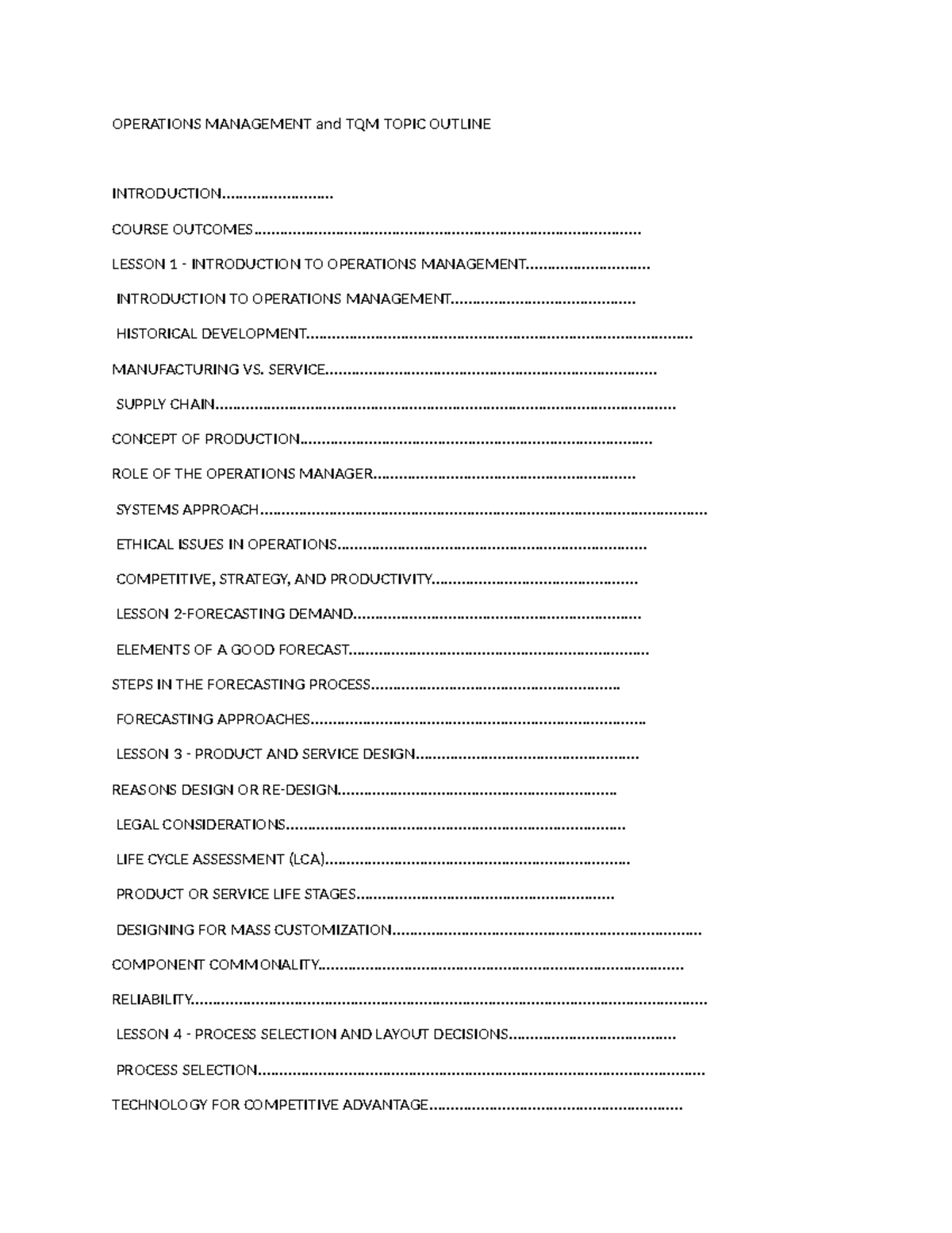 Operations Management Topic Outline - OPERATIONS MANAGEMENT and TQM ...