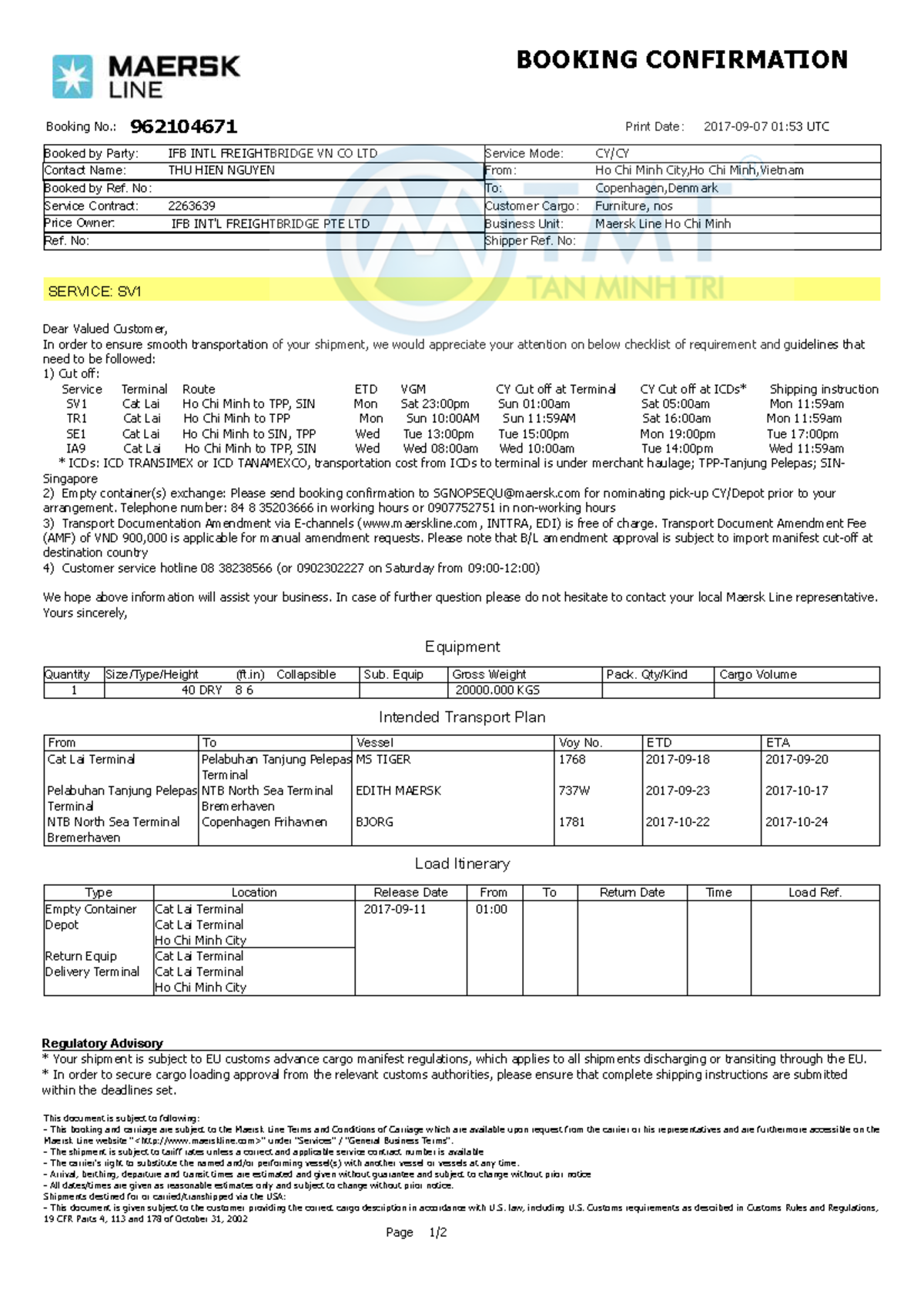 Booking confirmation - BOOKING CONFIRMATION Booking No.: 962104671 ...