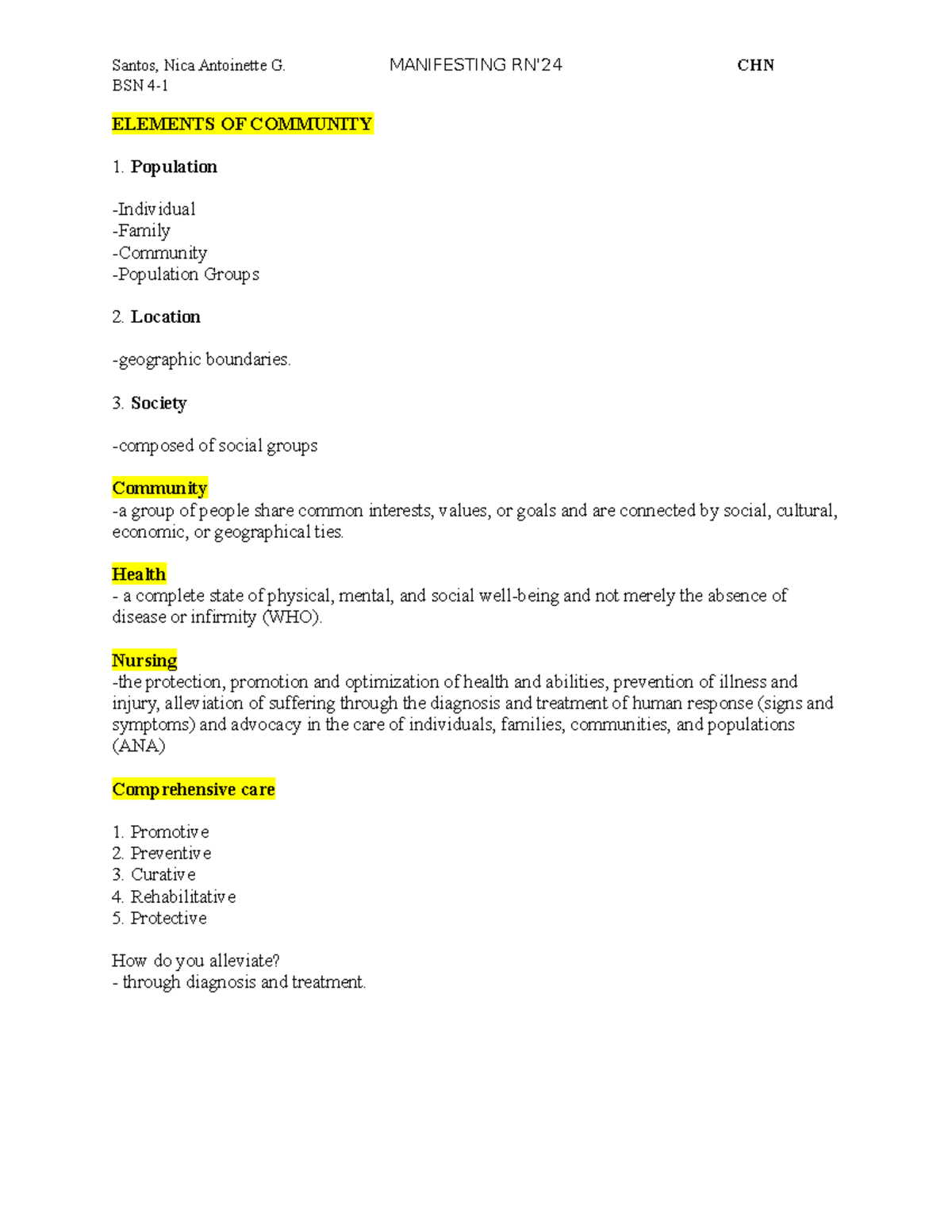 CHN march 22 23 - Lec - BSN 4- ELEMENTS OF COMMUNITY Population ...