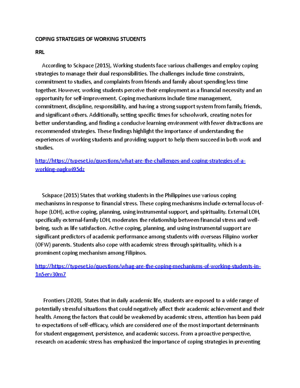 Rrl Coping strategies of working students - COPING STRATEGIES OF ...