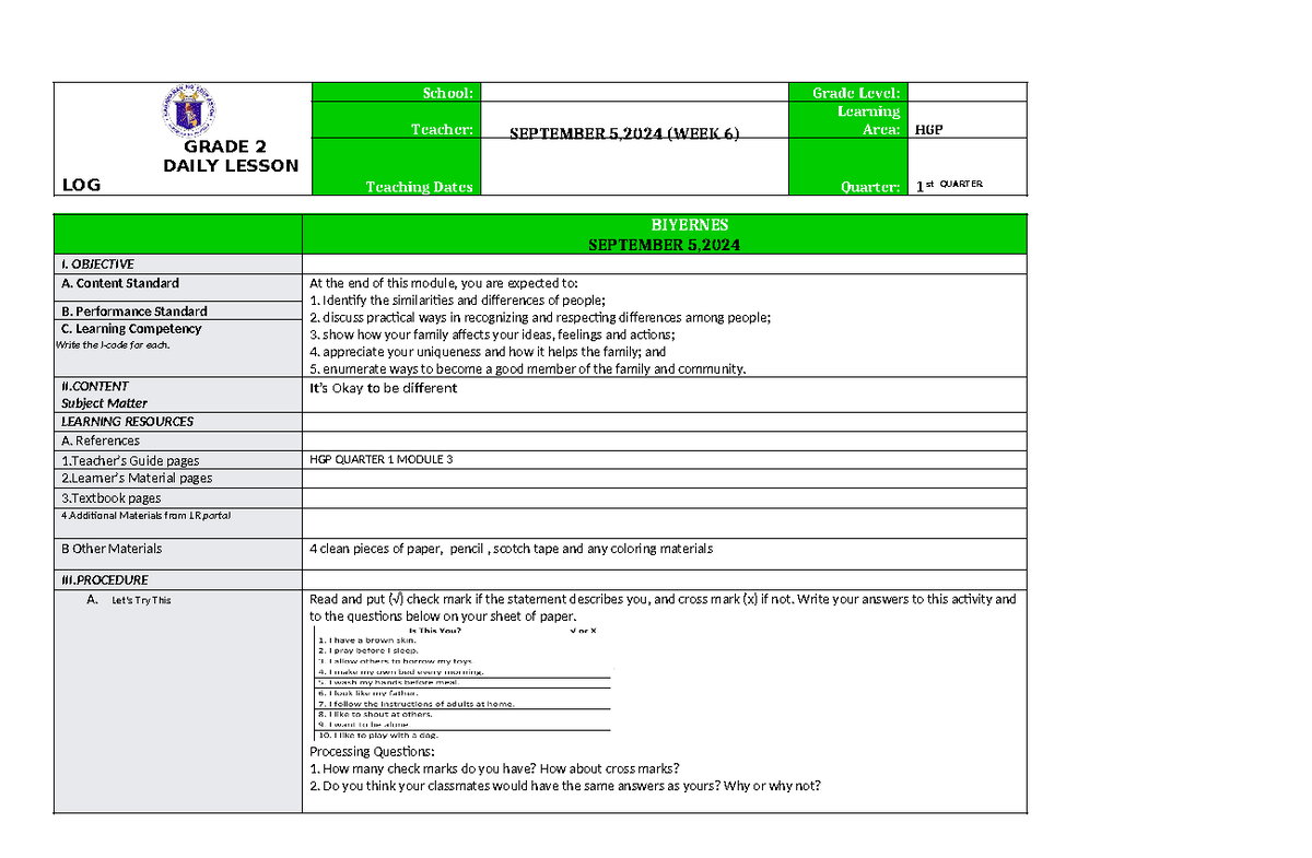 HGP Lesson PLAN Grade 2 WEEK 5 - GRADE 2 DAILY LESSON LOG School: Grade ...