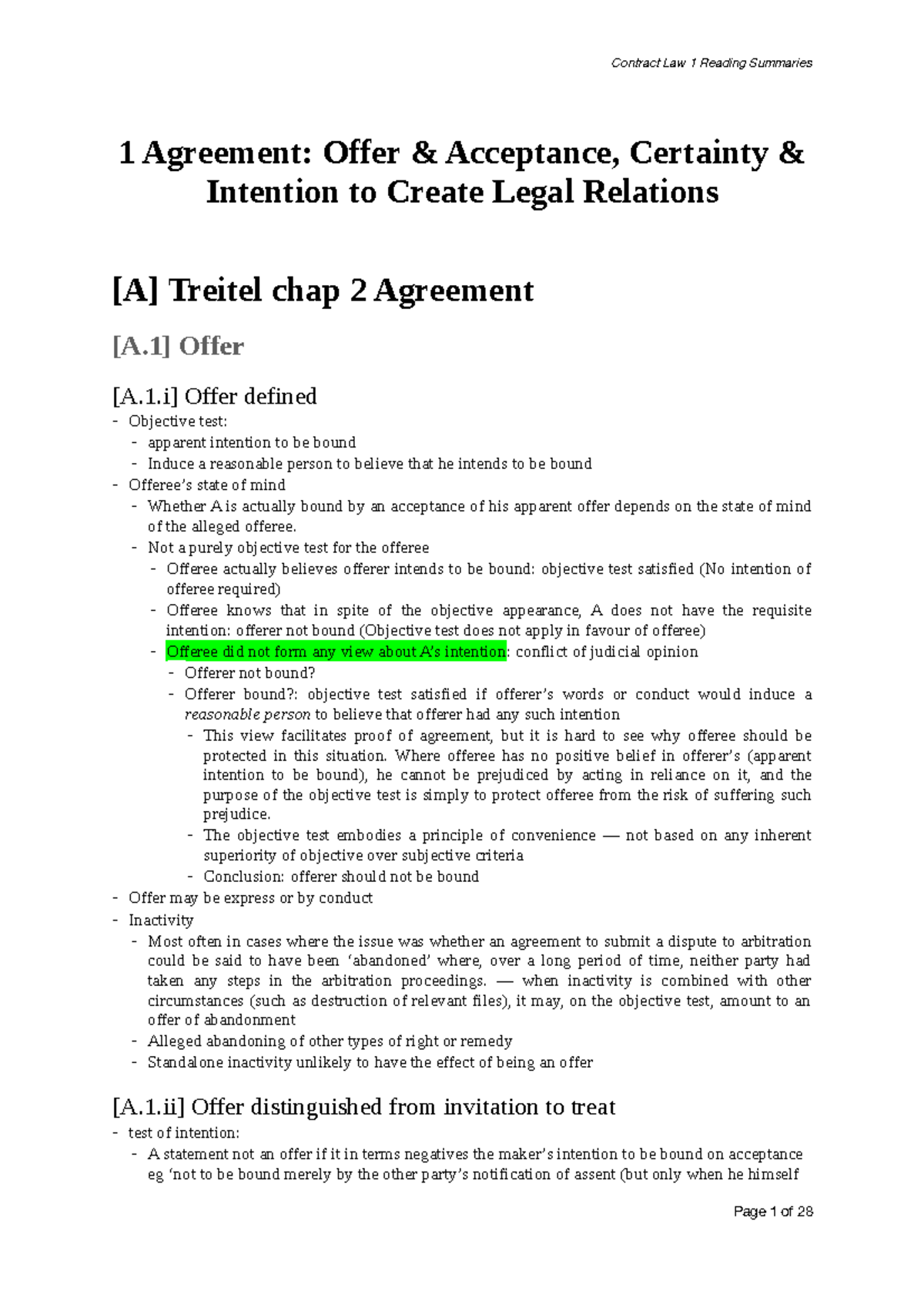Agreement summary - 1 Agreement: Offer & Acceptance, Certainty ...