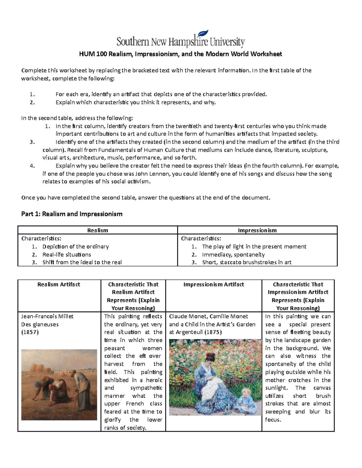 6-3 Realism Impressionism and the Modern World Worksheet - HUM 100 ...