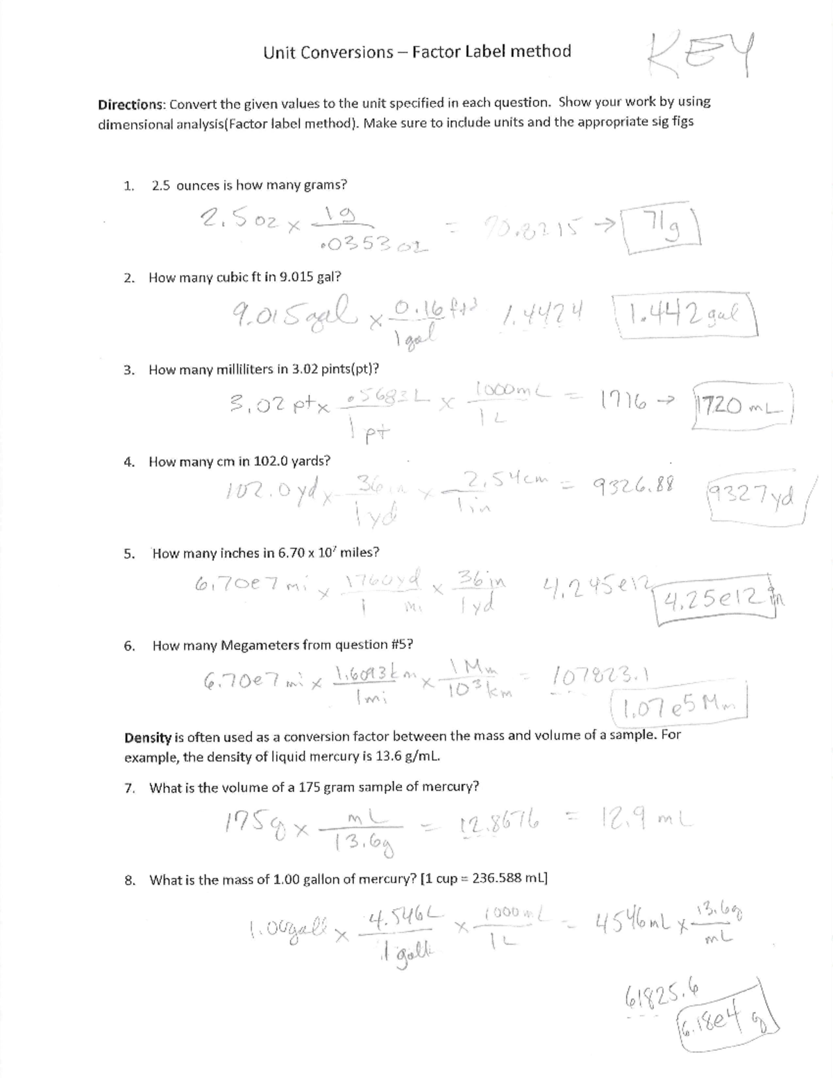 Aug13PP KEY - Dim analysis - Unit Conversions Factor Label method KEY ...