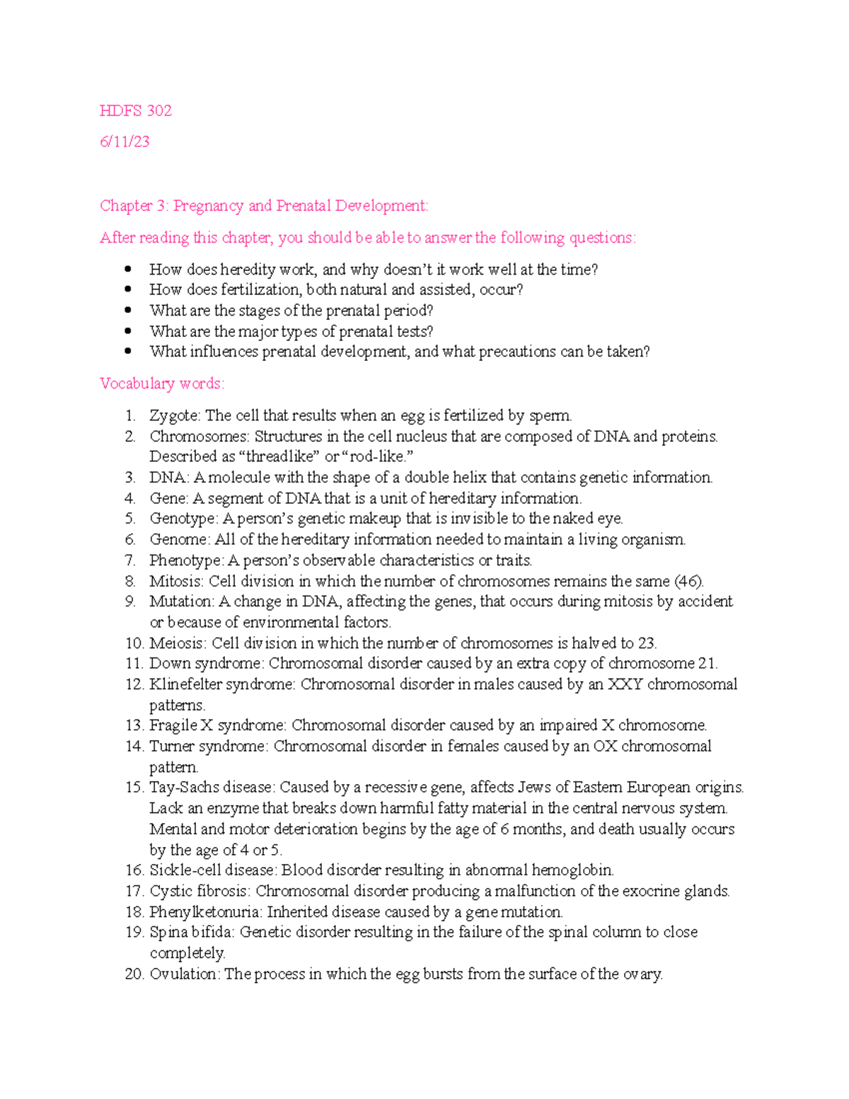 HDFS 302 Chapter 3 notes - HDFS 302 6/11/ Chapter 3: Pregnancy and ...