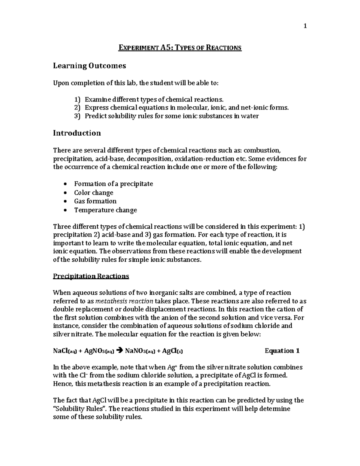 BIOL 10 Lab 5 - Lab manual - EXPERIMENT A5: TYPES OF REACTIONS Learning ...